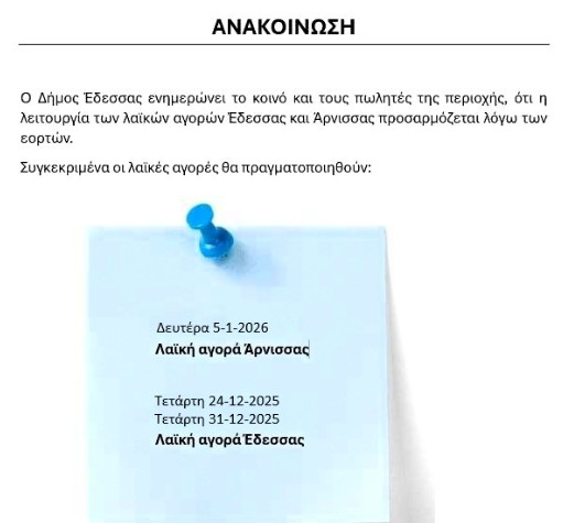 ΕΔΕΣΣΑ, ΑΡΝΙΣΣΑ & ΣΚΥΔΡΑ : ΑΛΛΑΓΕΣ ΗΜΕΡΩΝ ΛΑΙΚΩΝ ΑΓΟΡΩΝ ΛΟΓΩ ΕΟΡΤΩΝ ...